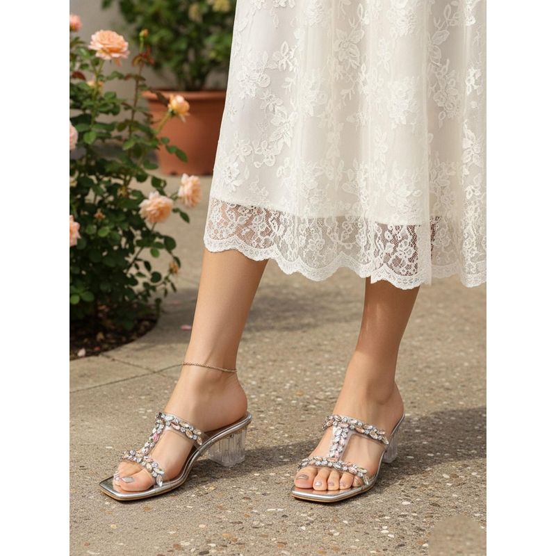 Buy Alberto Torresi Women Silver Gemstone Embellished Clear T-Strap ...