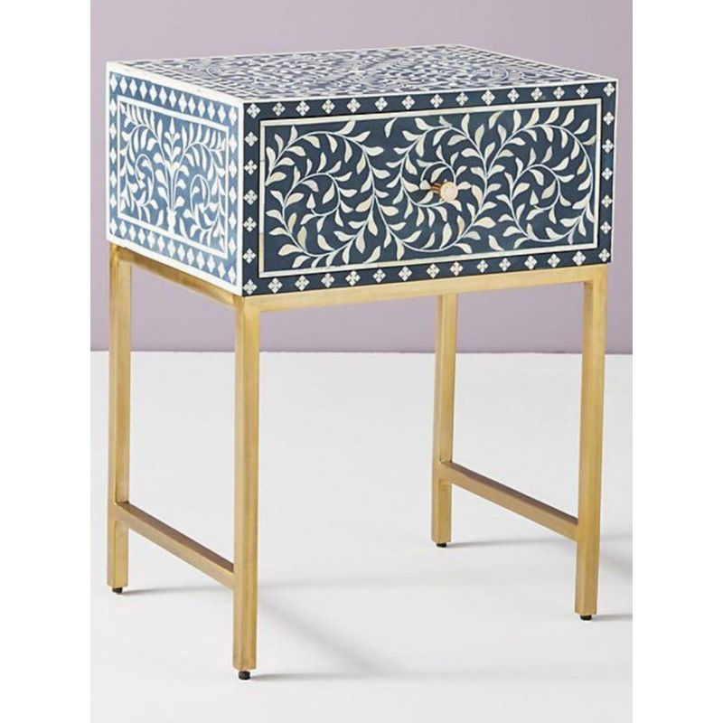 Buy CasaGold Navy Blue Bone Inlay Bedside Table Online