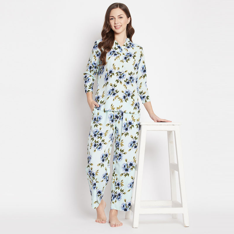 Clovia Crepe Button Down Shirt & Pyjama Set - Multi-Color: Buy Clovia ...
