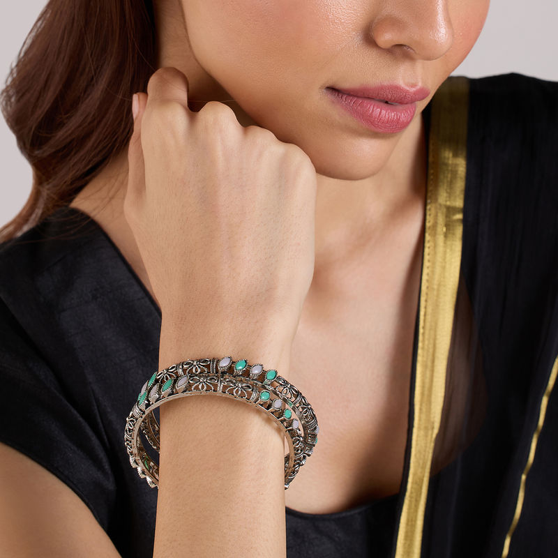 Buy Azai by Nykaa Fashion Silver Oxidised Multi-Color Floral Bangles Online
