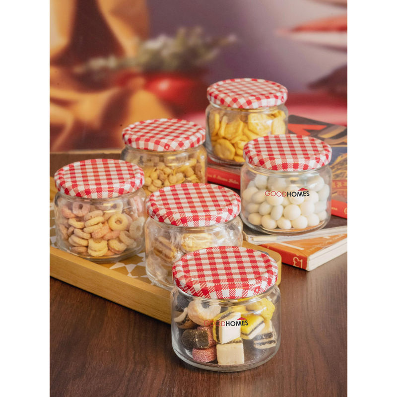 Goodhomes Glass Storage Jar With Red Checks Metal Lid (Set of 6): Buy ...