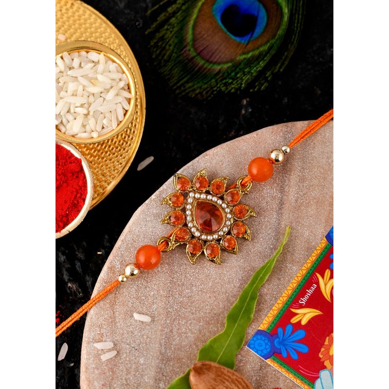 Shoshaa Gold and Orange Stone Bhai Rakhi with Roli Chawal (Set of 2 ...