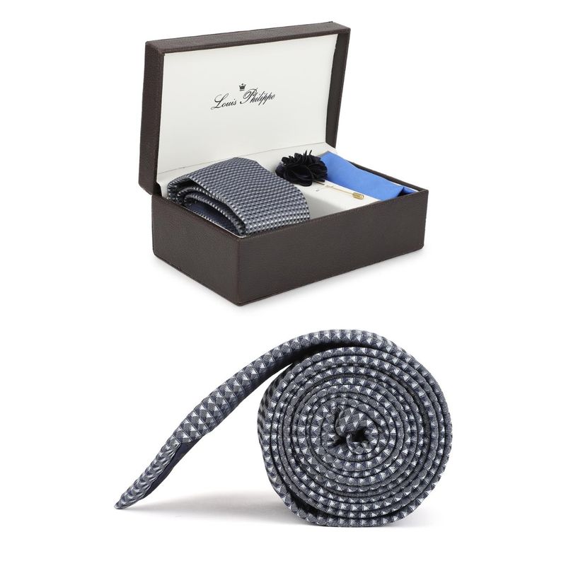 Buy Louis Philippe Men Navy Blue Textured Tie Pocket Square & Lapel Pin ...