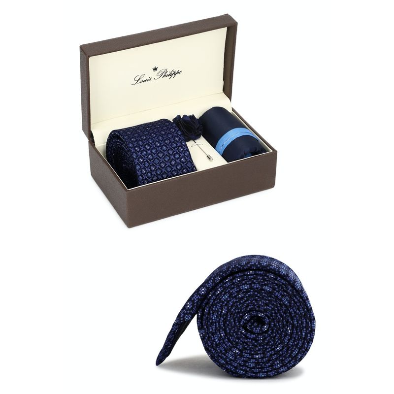 Buy Louis Philippe Men Navy Blue Printed Tie Pocket Square & Lapel Pin ...