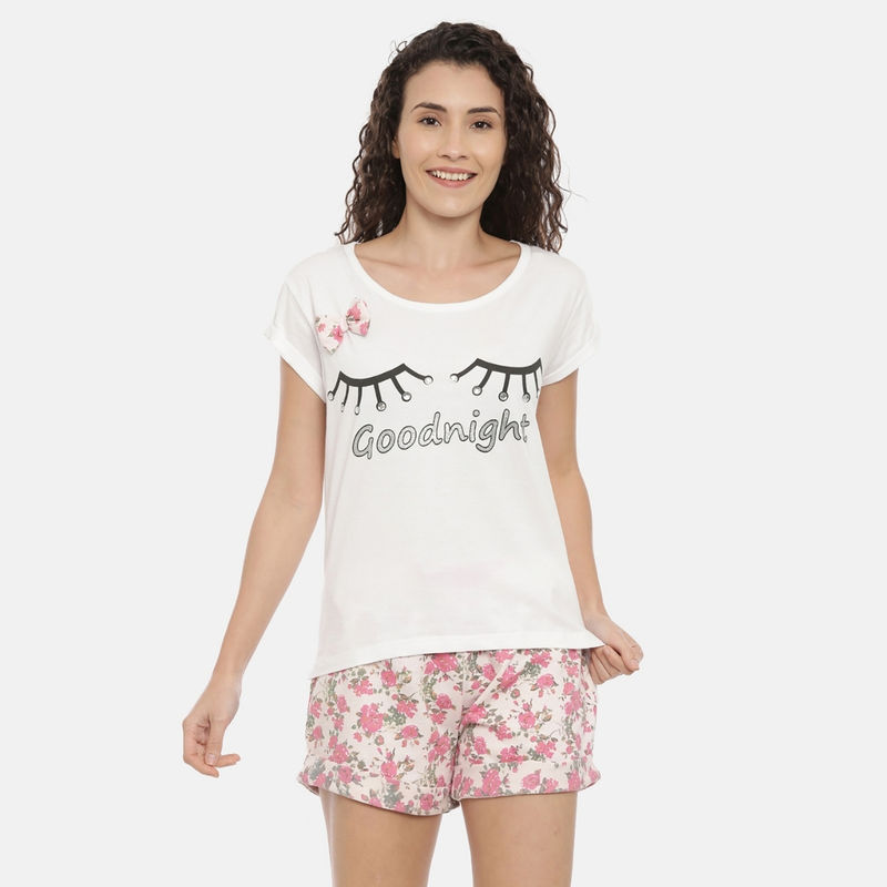 Buy Snarky Gal Good Night Floral Lounge Set - White (S) Online