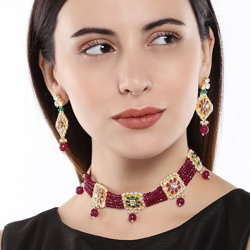 Buy AccessHer Red & Green Gold-Plated Jadau Kundan Ruby Choker set Online