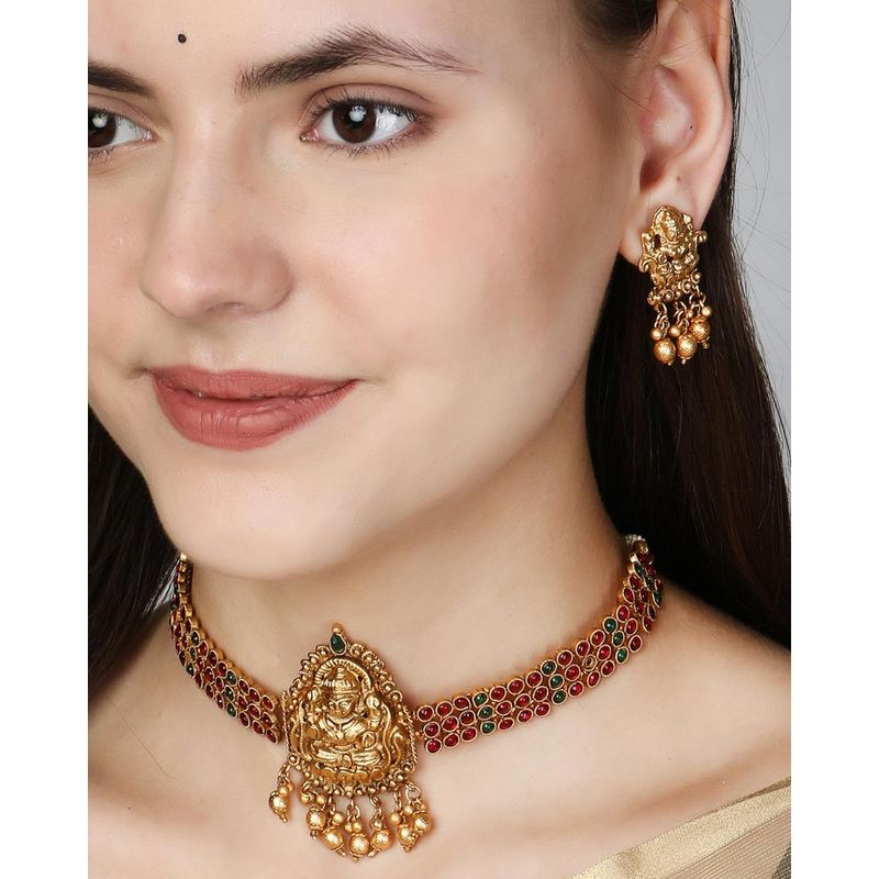 Buy Adwitiya Gold-Plated Goddess-Temple Stones Red and Green Chocker ...