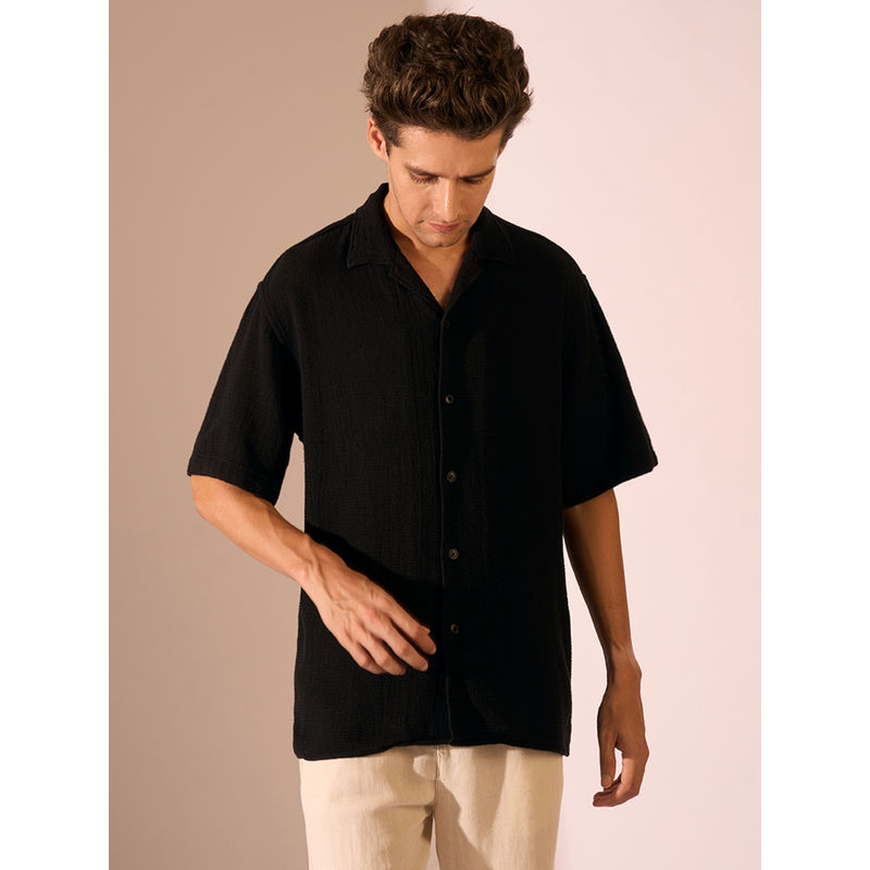 Buy Selected Black Organic Cotton Cuban Collar Shirt Online