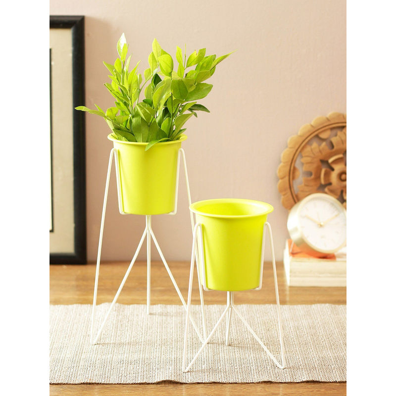 Buy HomeTown Neo Plastic Sleek Planter Set of 2 In Yellow Colour Online