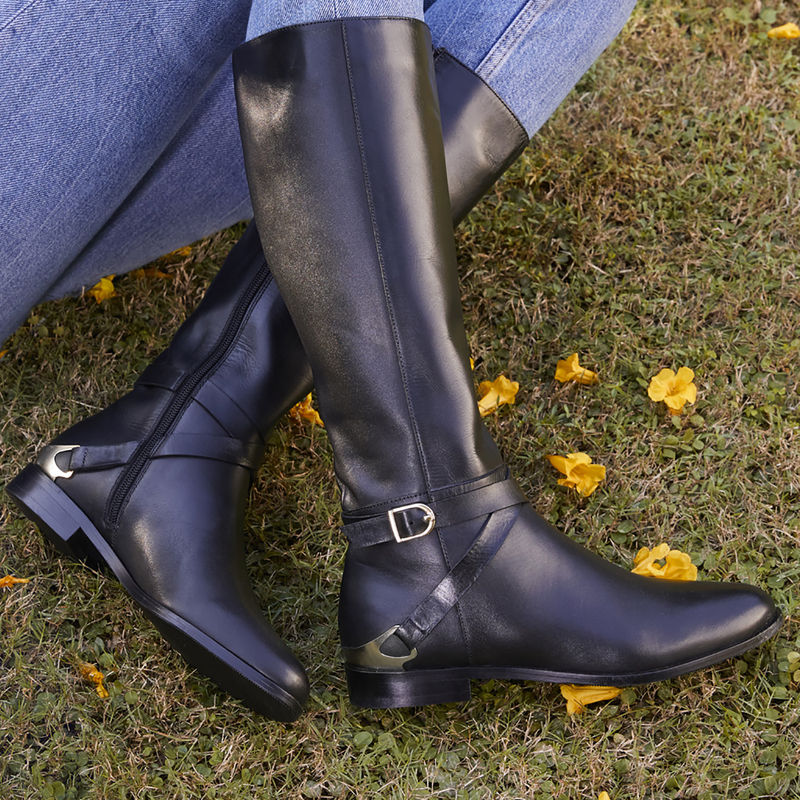 Buy Saint G Damaris Black Leather Buckle Decor Knee High Boots Online