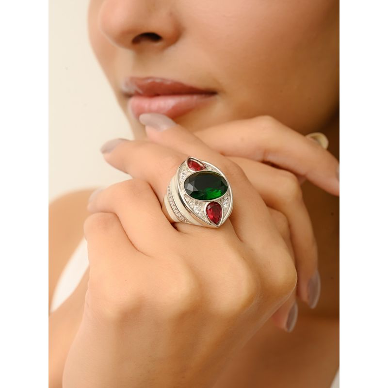 Buy METALM Art Deco Cocktail Signet Ring with Colourful Red and Green ...