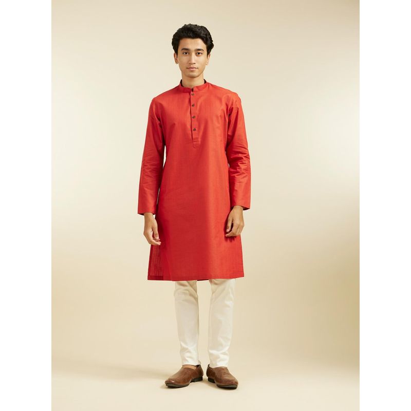 Buy Diwas by Manyavar Red Cotton Blend Solid Kurta for Men Online