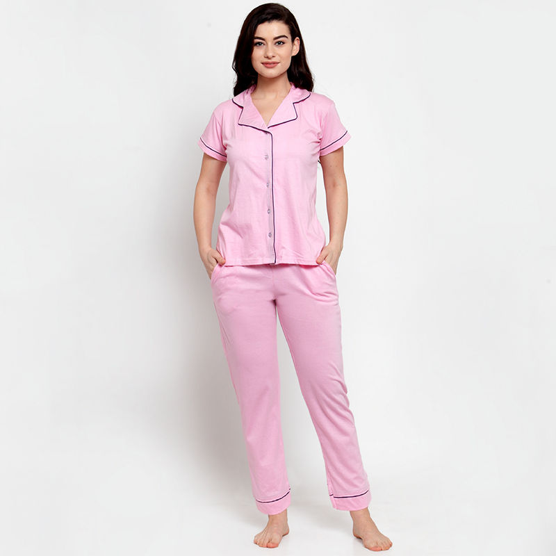 Buy Secret Wish Women's Light Pink Cotton Solid Nightsuit Online