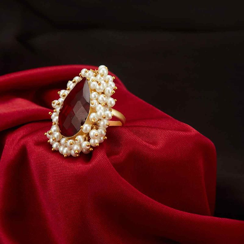 Peora Traditional Red Pear Shape Crystal Pearl Adjustable Finger Ring ...