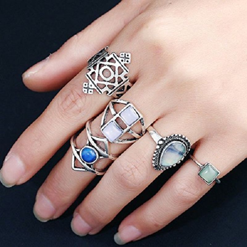 Buy OOMPH Silver & Blue Stone Studded Bohemian Ring Set (Set Of 5) Online