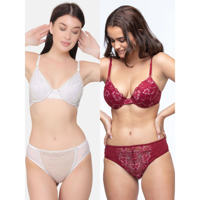 Buy Curwish Your Highness Lacy Wonder Push-Up Wine & White (Set of 4) Online