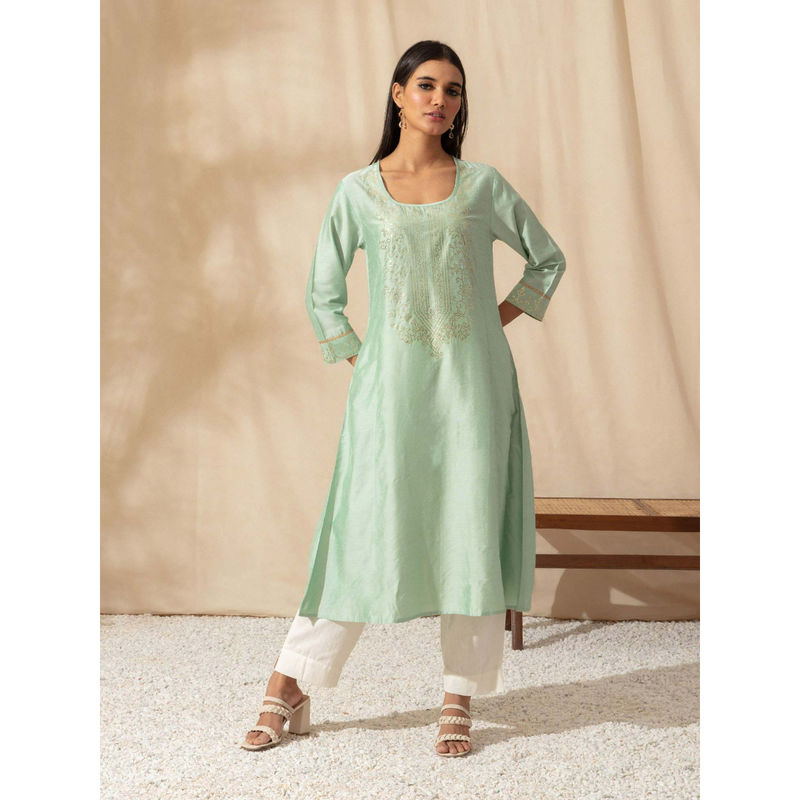 Buy Likha Sea Green Poly Viscose Kurta with Iron On Badla Work LIKKUR94 ...