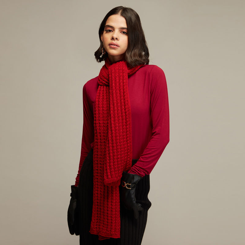 Twenty Dresses by Nykaa Fashion Red Textured Rectangular Muffler: Buy ...