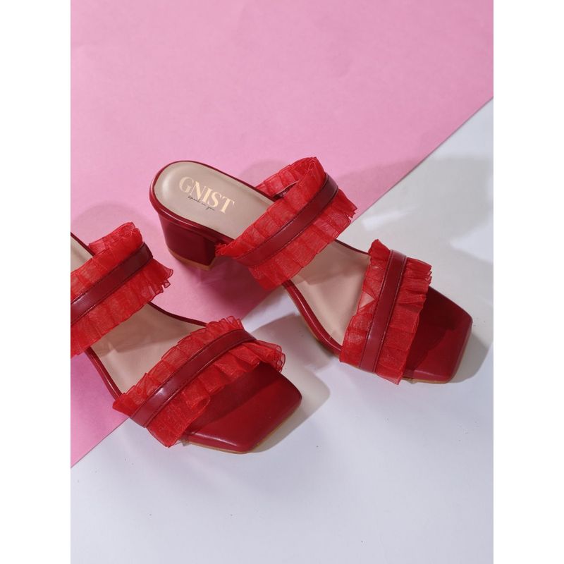 Buy GNIST Double Strap Ruffle Red Block Heels Online