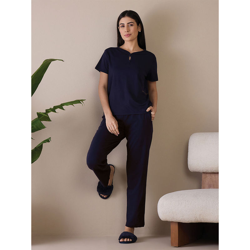 Buy Sweet Dreams Women Navy Blue Printed Top and Pyjama (Set of 2) Online