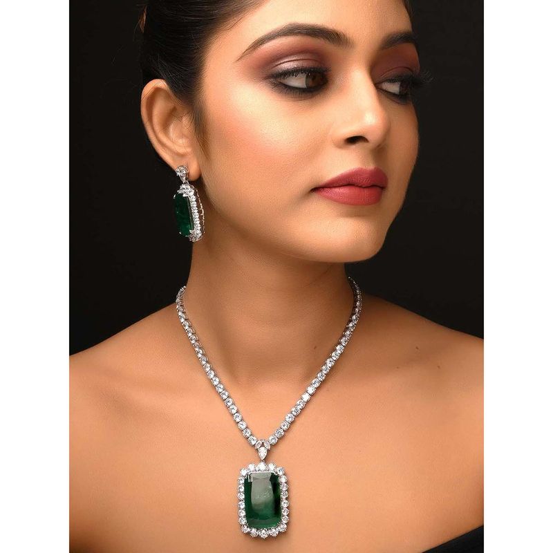 AG'S Emerald American Diamond Pendant Set With Diamond String: Buy AG'S ...