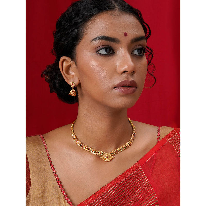 Buy Teejh Dharmika Gold Pink and Green Necklace (Set of 2) Online