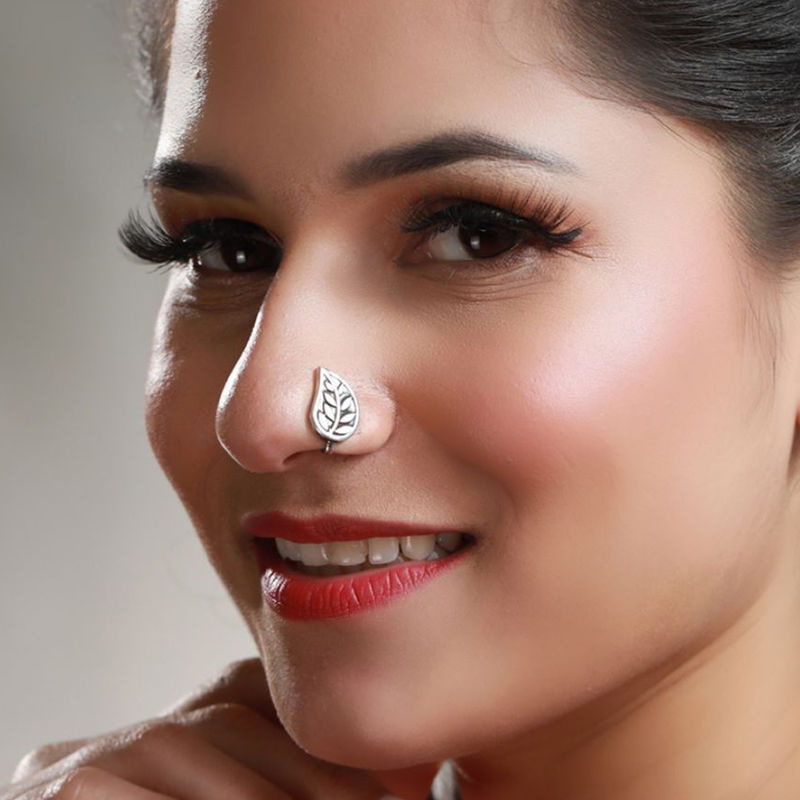 Buy Sheer by Priyaasi Oxidised Silver Large Leaf Nose Pin Online