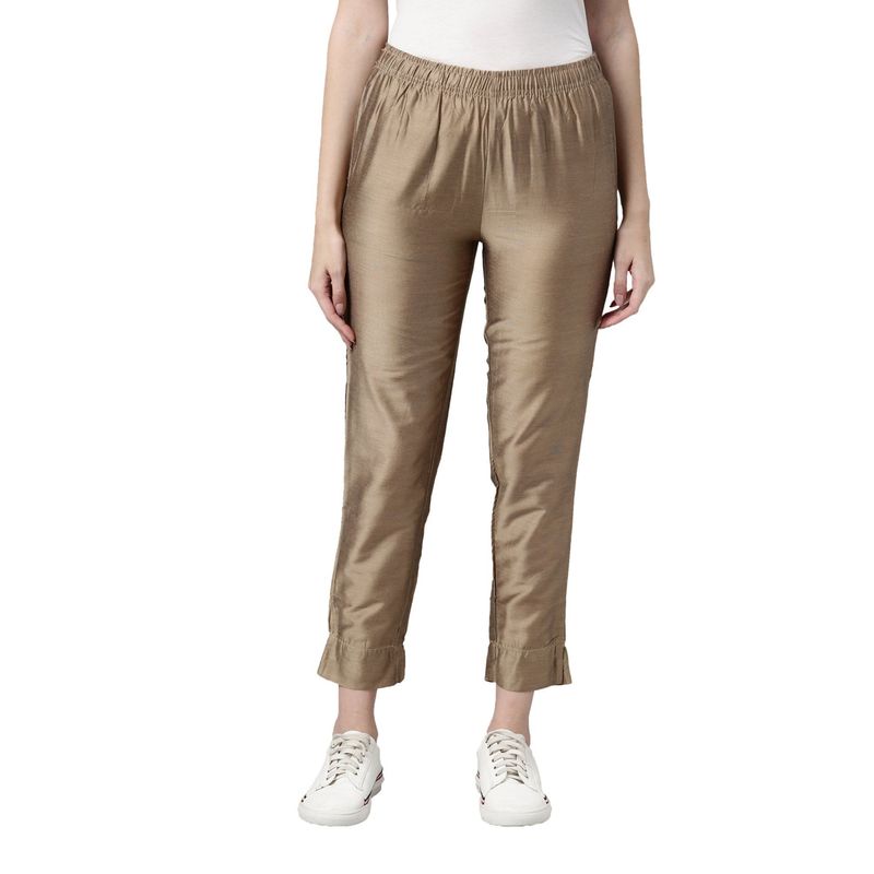 Buy Go Colors Women Gold Solid Mid Rise Metallic Pants Online