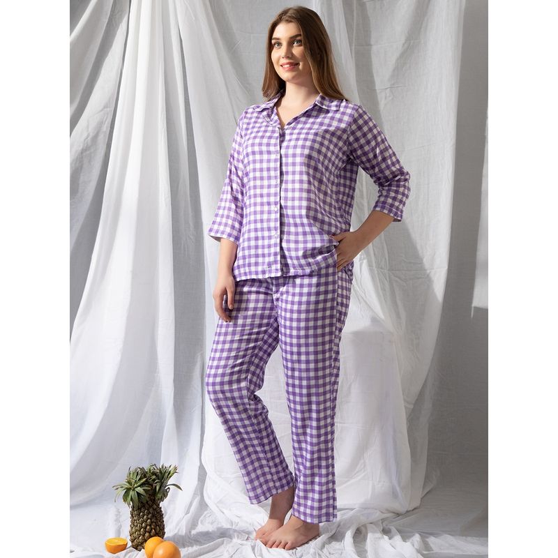 Buy Clovia Classy Checks Button Me Up Shirt & Pyjama Set in White ...