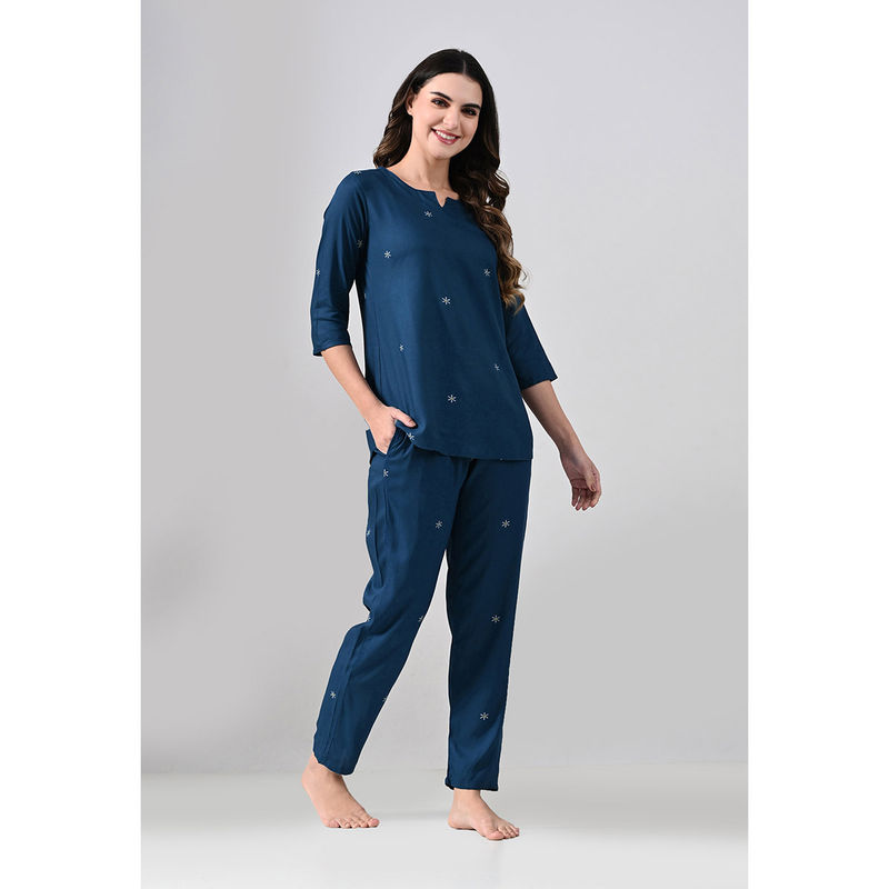 Buy ichaa Navy Blue Premium Rayon Printed Top with Pajama (Set of 2) Online