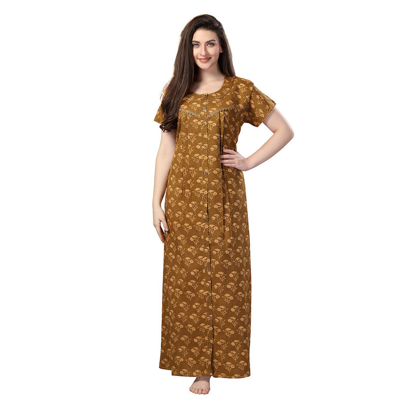 Buy PIU Women Cotton Full Front Open Nighty Brown Online