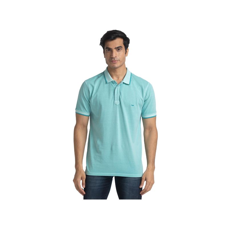 Buy ColorPlus Tailored Fit Solid Light Blue Polo T-Shirt Online