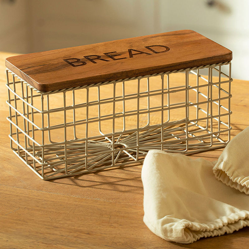 Buy Ellementry Twine Wire Bread Box with Wooden Lid for Fridge and ...