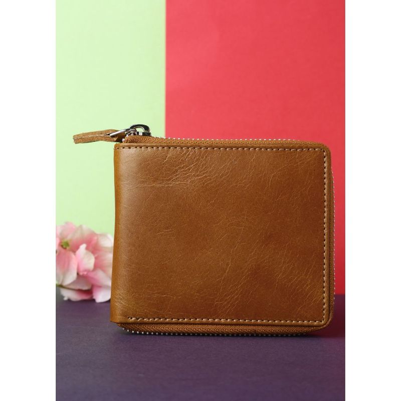 Buy Teakwood Men Genuine Leather Crunch Tan Zip Around Wallet Online