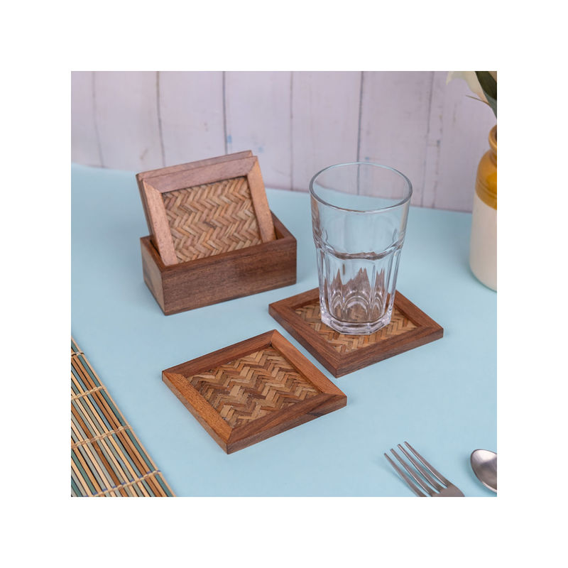Buy VarEesha Hand Crafted Wooden Chatai Coasters Set of 4 Online