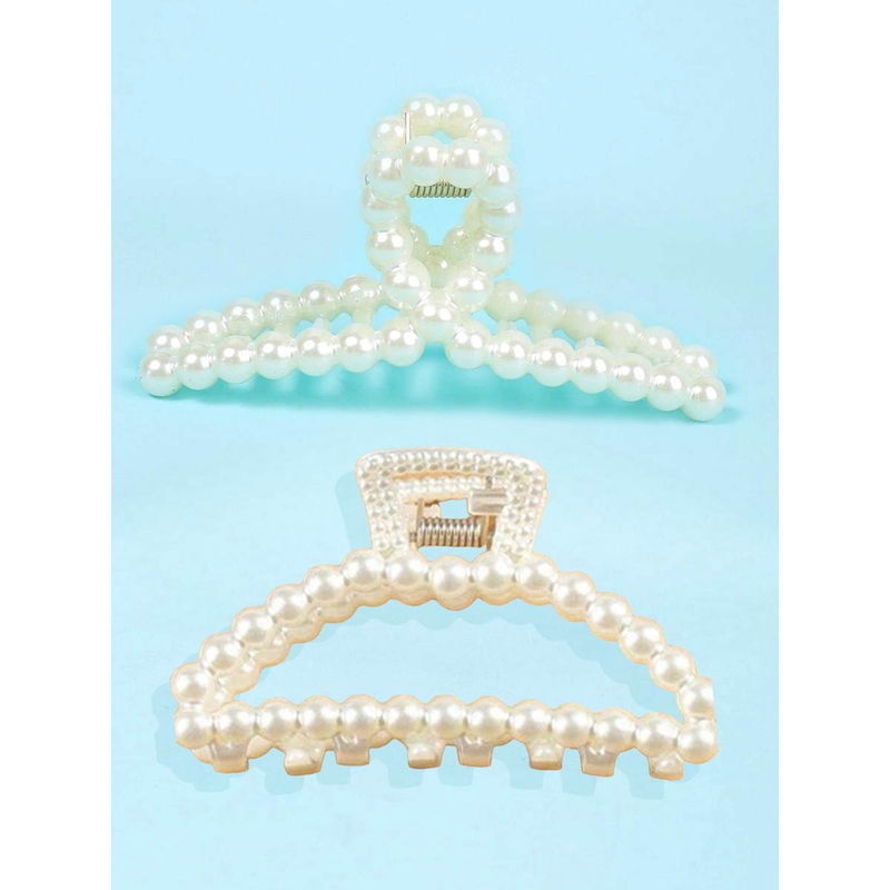 Buy OOMPH White Pearls Geometric Shape Large Hair Clip-Set of 2 Online