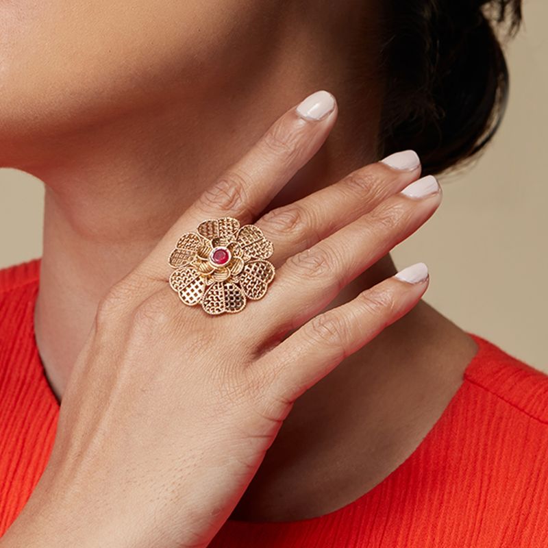 Azai by Nykaa Fashion Gold Flower Motif Ring with Pink Stones: Buy Azai ...