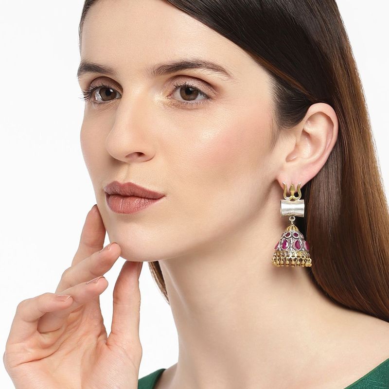 Buy Accessher Silver-Plated & Red Dome Shaped Jhumkas Online