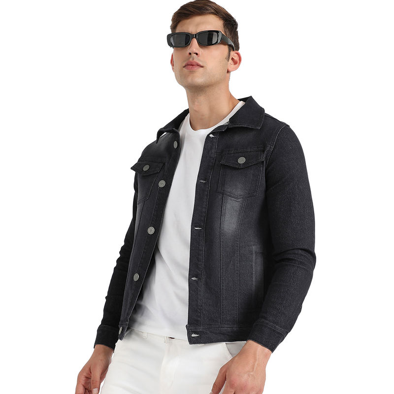Buy Campus Sutra Mens Black Dark Wash Denim Jacket With Flap Pocket Online