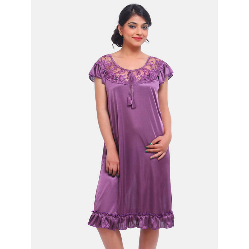 Buy Fasense Lavender Knee-Length Nightdress with Lace Details in Short ...