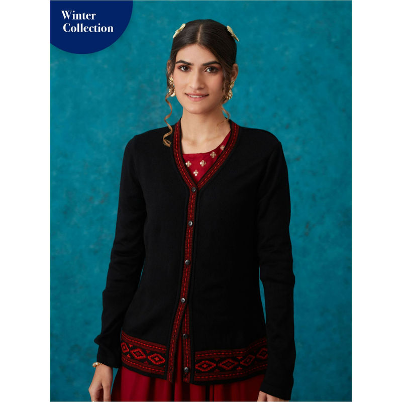 Buy Likha Black Woollen Acrylic Jacquard Winter Cardigan LIKCAR10 Online