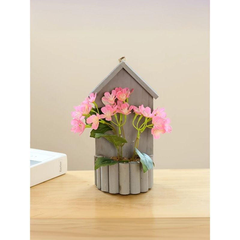 Buy UMAI Artificial Plant with MDF Pot|Spring Pink Hydrangea Flower Online