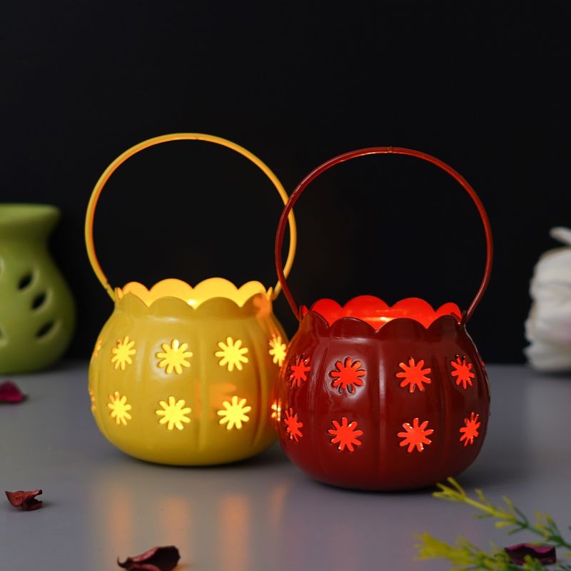 Buy eCraftIndia Set of 2 Cup Lantern Decorative Metal Tea Light Holder ...