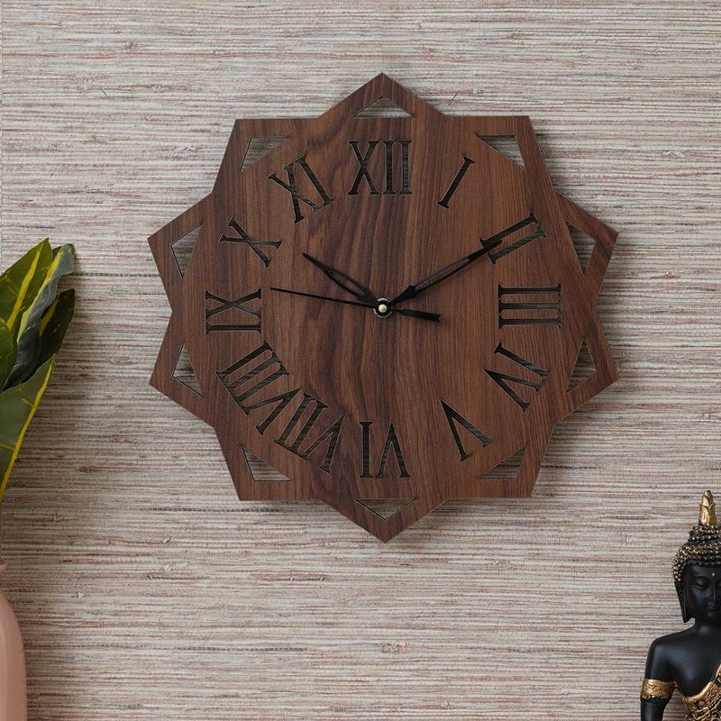 Buy eCraftIndia Brown Floral Decagon Shape Roman Numerals Wooden Wall ...