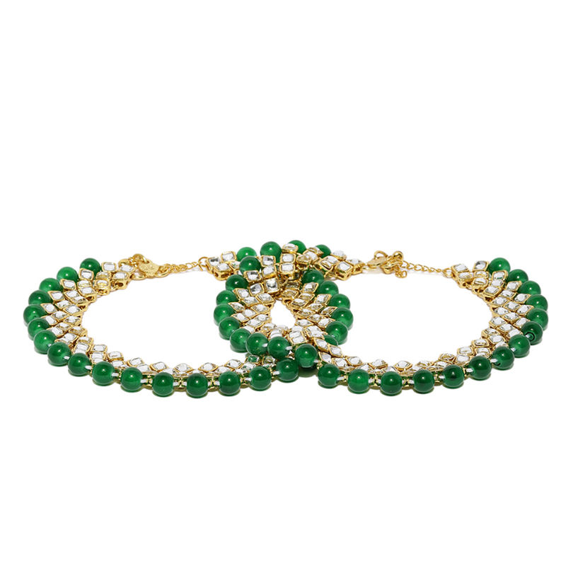 Zaveri Pearls Gold Tone Kundan And Green Beads Bridal Payal 1 Pair Of