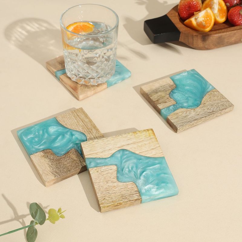 Buy IREKA HOMES Mango Wood Coasters with Resin (Pack of 4) Online