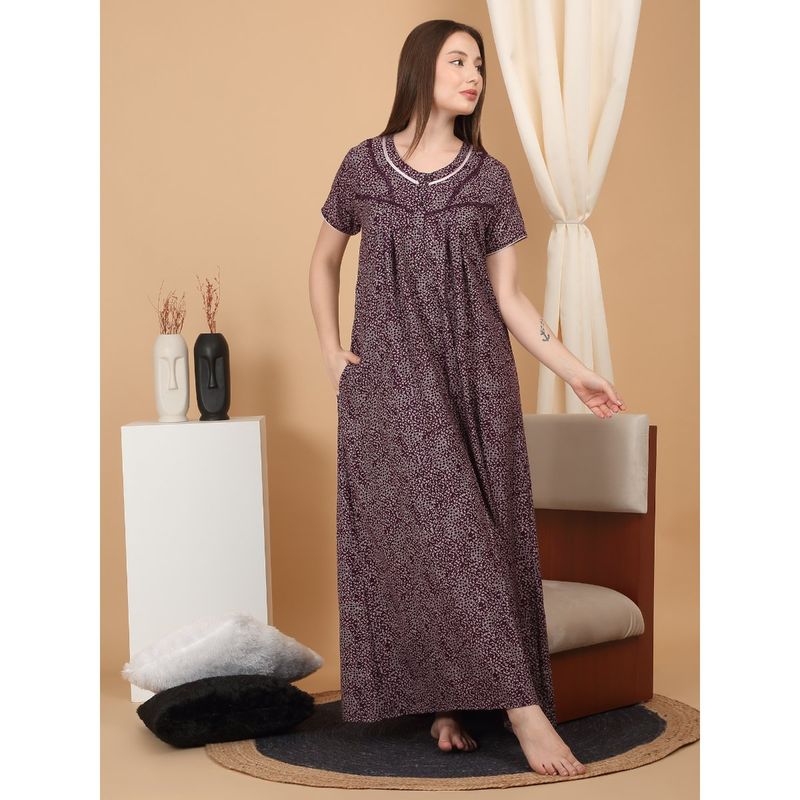 Buy Sweet Dreams Wine Women Printed Full Length Night Dress Online