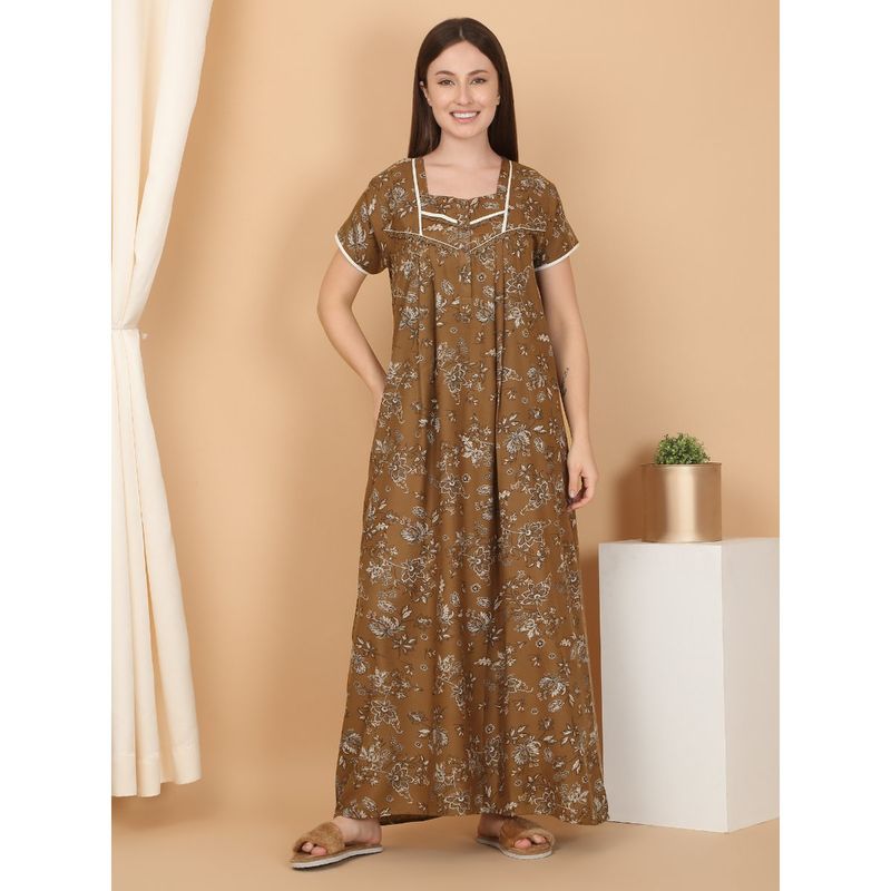 Buy Sweet Dreams Khaki Women Printed Full Length Night Dress Online