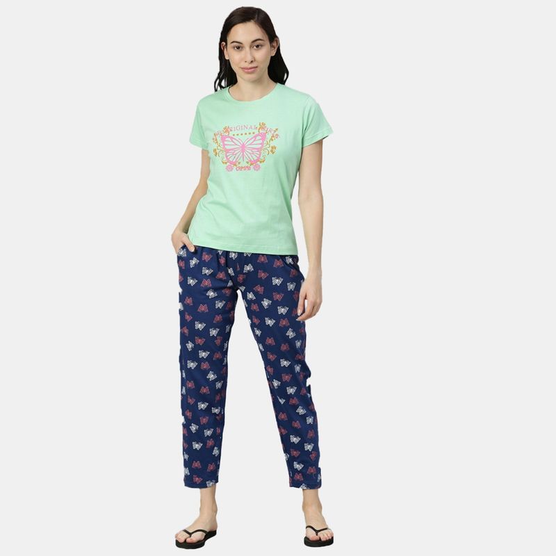 Kryptic Women Green And Navy Blue Printed Nightsuit Set Of 2 Buy