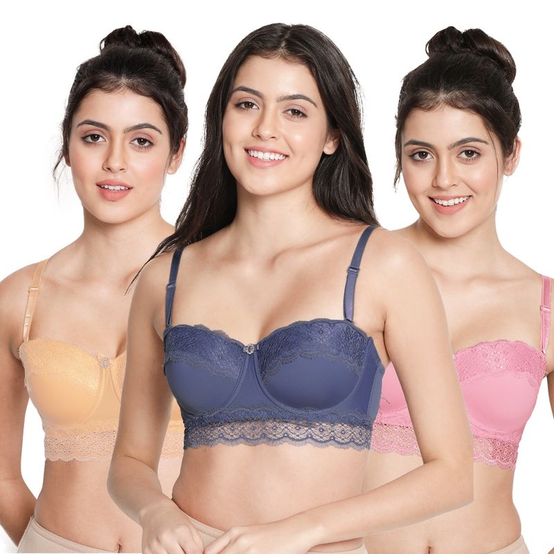 Buy Shyaway Susie 3/4th Coverage wired Lace Cup Balconette Padded Bra- Multicolor(Pack of 3) Online
